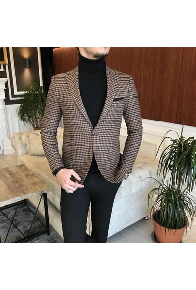 Italyan Stil Slim Fit Erkek Kışlık Mono Yaka Tek Ceket Kahverengi T6601