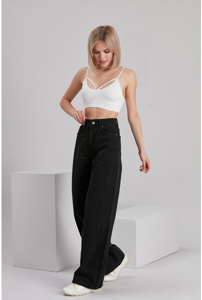 Miss Kaftan Collection Kadın Siyah Bol Paça Yüksek Bel Mom Jeans Miss Kaftan Collection Kadın Siyah Bol Paça Yüksek Bel Mom Jeans