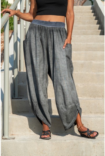 Güneş Kızı Kadın Antrasit Yıkamalı Keten Cepli Beli Lastikli Şalvar Pantolon GK-CCK58048