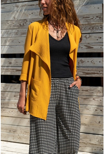 Güneş Kızı Kadın Hardal Cepli Şal Yaka Ceket GK-BST2822