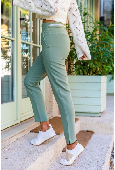 Güneş Kızı Kadın Haki Beli Bant Şeritli Kalem Pantolon GK-ART205