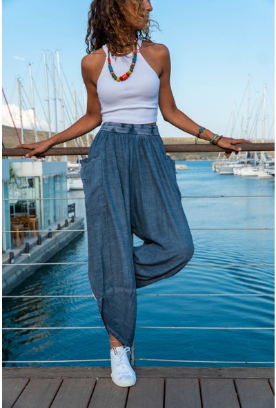 Güneş Kızı Kadın Indigo Yıkamalı Keten Cepli Beli Lastikli Şalvar Pantolon GK-CCK58048ND