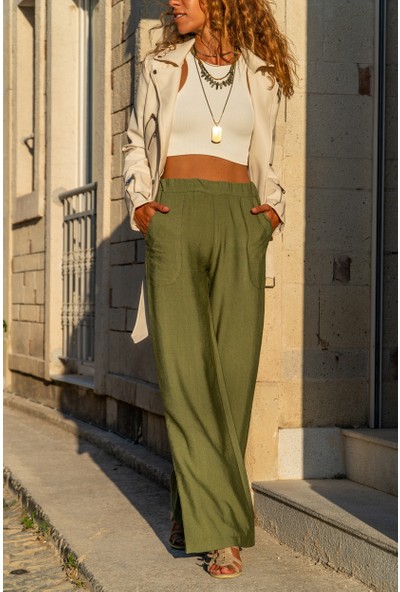 Güneş Kızı Kadın Haki Keten Beli Lastikli Salaş Pantolon GK-BST2933