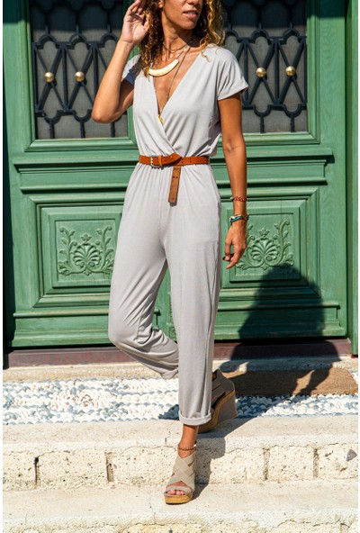 Güneş Kızı Kadın Bej Kruvaze Cepli Kendinden Kemerli Salaş Tulum GK-BST2899