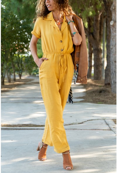 Güneş Kızı Kadın Sarı Ceket Yaka Düğmeli Tulum GK-BSTY2622