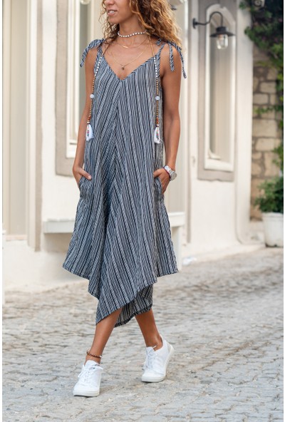 Güneş Kızı Kadın Siyah Askılı Asimetrik Bol Kesim Tulum GK-BST2900