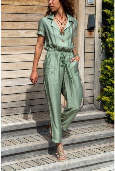 Güneş Kızı Kadın Haki Ceket Yaka Düğmeli Tulum GK-BSTY2622