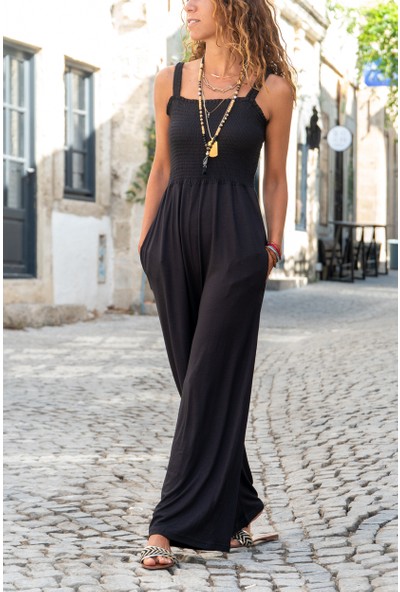 Güneş Kızı Kadın Siyah Askılı Gipeli Bol Paça Salaş Tulum GK-CCK58055 Güneş Kızı Kadın Siyah Askılı Gipeli Bol Paça Salaş Tulum GK-CCK58055