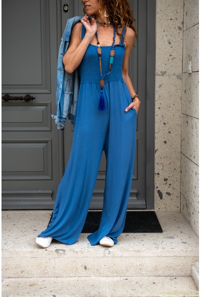 Güneş Kızı Kadın Indigo Askılı Gipeli Bol Paça Salaş Tulum GK-CCK58055 Güneş Kızı Kadın Indigo Askılı Gipeli Bol Paça Salaş Tulum GK-CCK58055