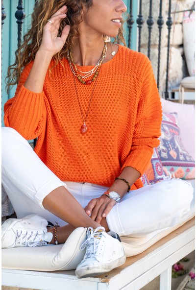 Güneş Kızı Kadın Turuncu Yarasa Kol Selanik Ince Örme Kazak GK-CCK1114