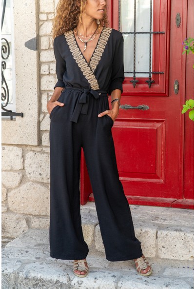 Güneş Kızı Kadın Siyah Hasır Detaylı Kendinden Kemerli Cepli Airobin Tulum GK-BST2946