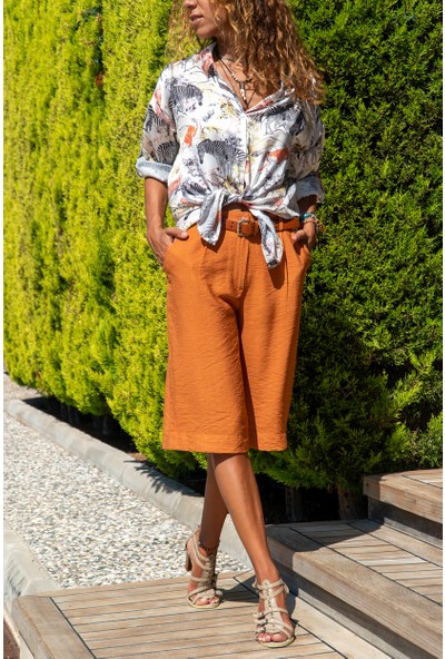 Güneş Kızı Kadın Kiremit Cepli Duble Paça Keten Bermuda Şort GK-BSTW2912