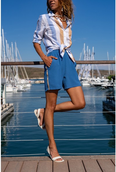 Güneş Kızı Kadın Indigo Airobin Beli Lastikli Hasırlı Şort BST3154