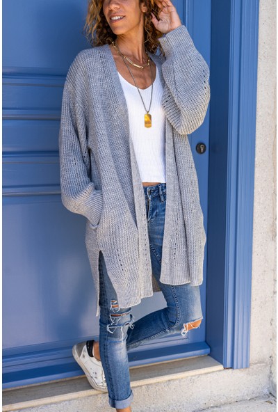 Güneş Kızı Kadın Gri Cepli Salaş Hırka CCK4321 Güneş Kızı Kadın Gri Cepli Salaş Hırka CCK4321