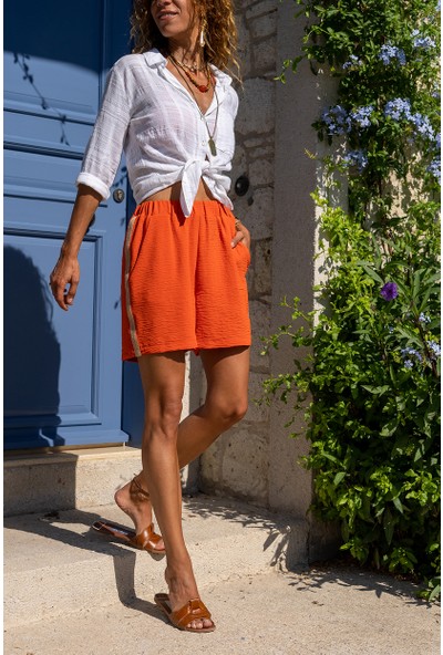 Güneş Kızı Kadın Turuncu Airobin Beli Lastikli Hasırlı Şort BST3154