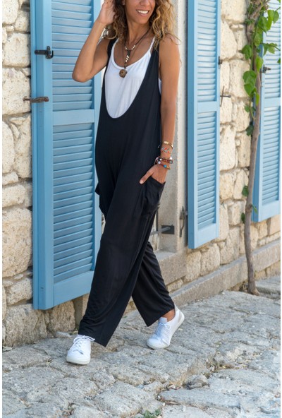 Güneş Kızı Kadın Siyah Yanı Cepli Salaş Şalvar Tulum GK-LD300