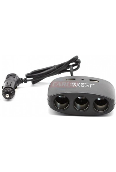 Carub Çakmak Soketi 12 ve 24 V Kablolu 3 Lü 2 USB