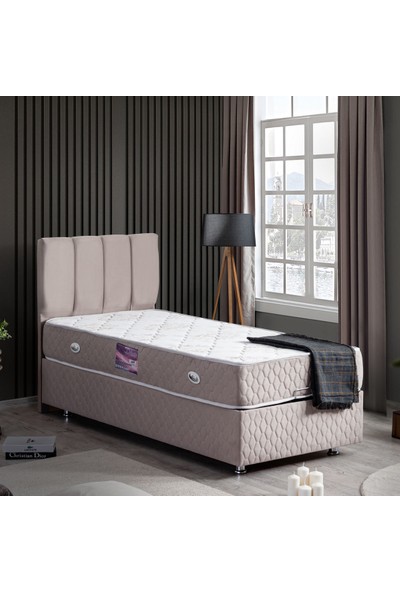 Setay Tetra Tek Kişilik Baza Başlık Delüx Yaylı Yatak, Açık Gri