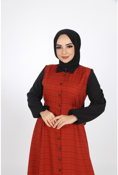 Lalissa Kadın Gömlek Yaka Beli Lastikli Ekose Desenli Düğmeli Tesettür Elbise Lalissa Kadın Gömlek Yaka Beli Lastikli Ekose Desenli Düğmeli Tesettür Elbise