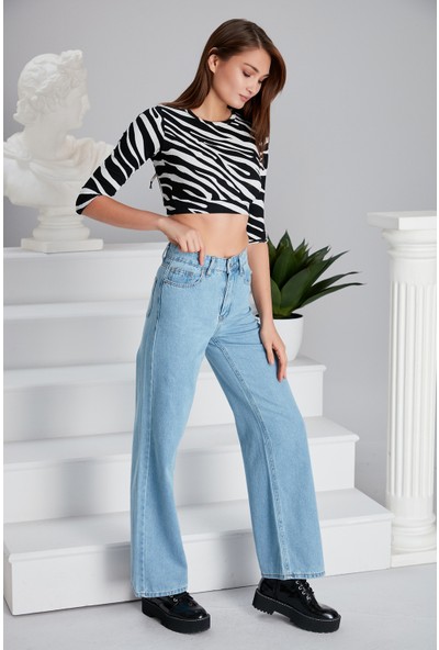 Miss Kaftan Collection Kadın Mavi Bol Paça Yüksek Bel Mom Jeans Miss Kaftan Collection Kadın Mavi Bol Paça Yüksek Bel Mom Jeans