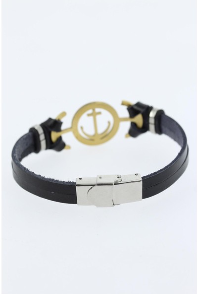 Moco Gold Renk Deniz Çapası Figürlü Metal Aksesuarlı Siyah Renk Deri Erkek Bileklik