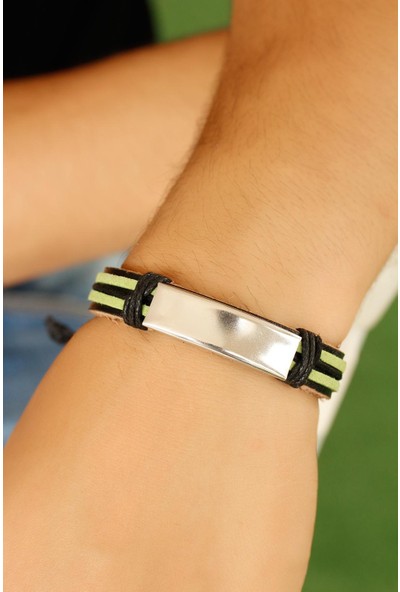 Moco Deri Fıstık Yeşili ve Siyah Çelik Aksesuar Detaylı Erkek Bileklik