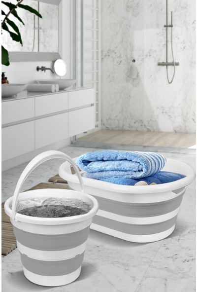 Meleni Home 2'li Set Katlanabilir Çamaşır Sepeti Katlanabilir Akordiyon Su Kovası Yeni Nesil Temizlik Seti