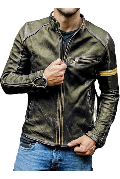 Chance Petcastle Erkek Günlük Deri Ceket - Yeşil M Beden (Yurt Dışından)