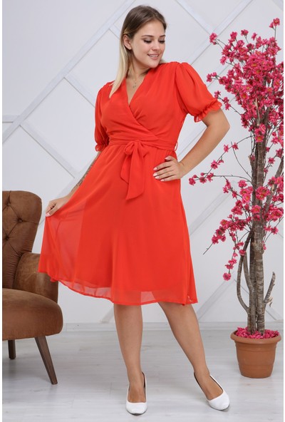 Apsen Kadın Bağlama Detaylı Büyük Beden Kruvaze Şifon Elbise 4255/110
