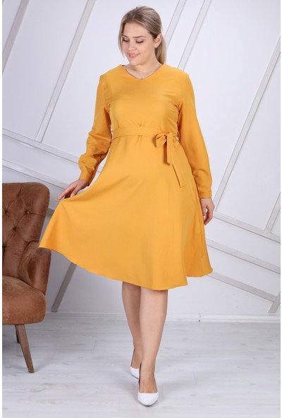 Apsen Kadın Bağlama Detaylı V Yaka Uzun Kol Midi Boy Büyük Beden Elbise 4344/110