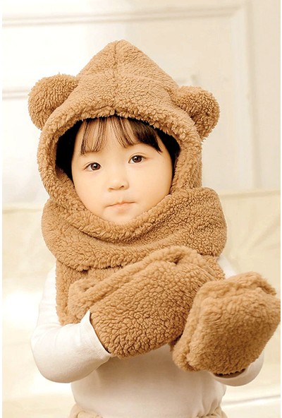 Bundera Babykid Çocuk Kapşonlu Peluş Bere Atkı Eldiven Welsoft Boyunluk Rüzgar Geçirmez Kulaklı Şapka