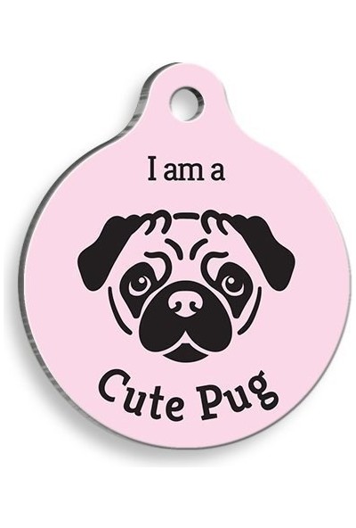 Pet Tag Art Pembe Pug Yuvarlak Köpek Künyesi Large: 3,8 Cm.