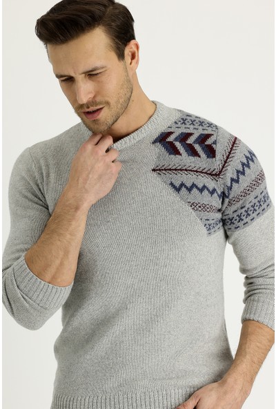 Kiğılı Bisiklet Yaka Slim Fit Yünlü Desenli Triko Kazak