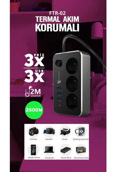 Fultech Airstorr Fulltech Ftr-02 2 M 3'lü Termal Akım Korumalı Priz USB Fultech Airstorr Fulltech Ftr-02 2 M 3'lü Termal Akım Korumalı Priz USB
