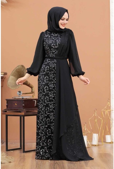 Neva Style Tesettürlü Abiye Elbise - Şifon Detaylı Pul Payet Gümüş Tesettür Abiye Elbise 5516GMS