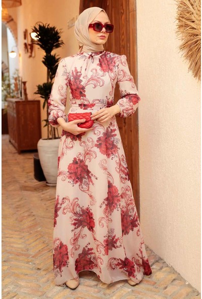 Neva Style - Çiçek Desenli Bordo Tesettür Elbise 279013BR Neva Style - Çiçek Desenli Bordo Tesettür Elbise 279013BR