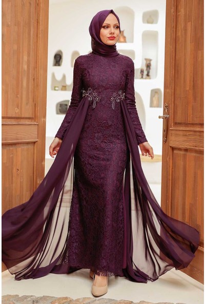 Nayla Collection Neva Style - Dantelli Mürdüm Tesettür Abiye Elbise 9105MU Nayla Collection Neva Style - Dantelli Mürdüm Tesettür Abiye Elbise 9105MU
