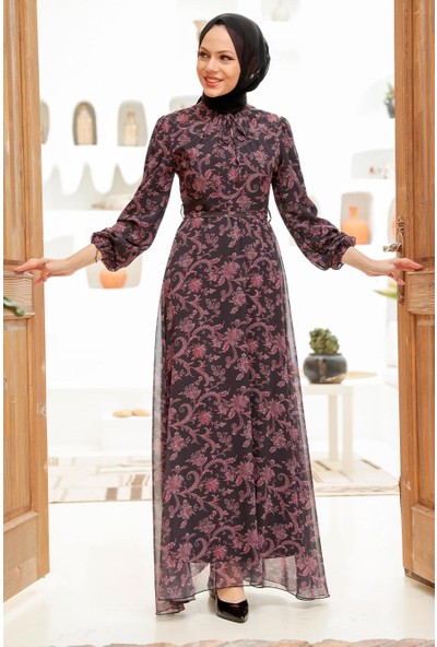 Neva Style - Çiçek Desenli Siyah Tesettür Elbise 279025S Neva Style - Çiçek Desenli Siyah Tesettür Elbise 279025S