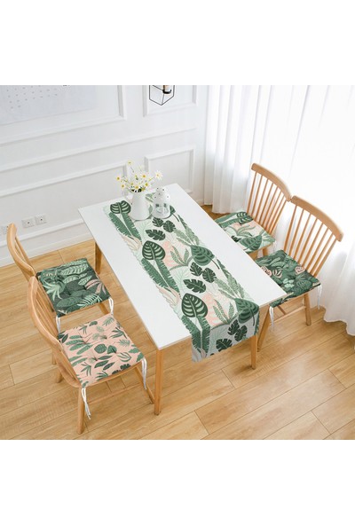 RealHomes Yesil Tropik Yaprak Tasarımlı 4 Pofidik Sandalye Minderi ve 1 Runner Seti RealHomes Yesil Tropik Yaprak Tasarımlı 4 Pofidik Sandalye Minderi ve 1 Runner Seti