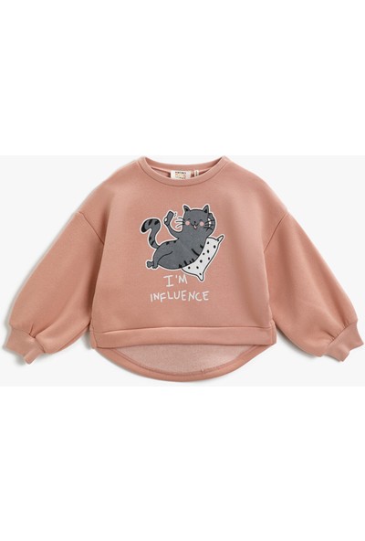 Koton Kedi Baskılı Balon Kollu Sweatshirt Bisiklet Yaka