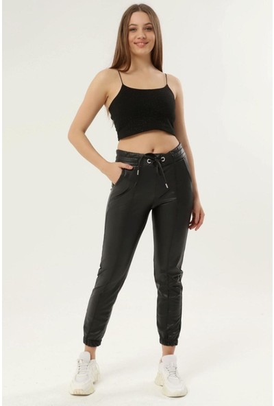 Kasheha Kadın Siyah Içi Kadife Yüksek Bel Likralı Kuş Gözlü Çimalı Dar Paça Deri Pantolon - KAD3325532