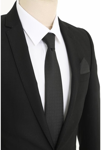 Brianze Siyah Kare Desen Kravat Mendil Set Brianze Siyah Kare Desen Kravat Mendil Set