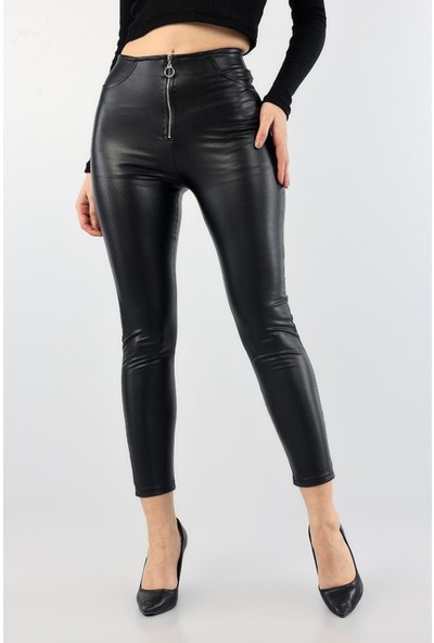 Siyah Kadın Siyah Içi Kadife Kaplı Yüksek Belli Fermuarlı Likralı Deri Pantolon - GİY00059