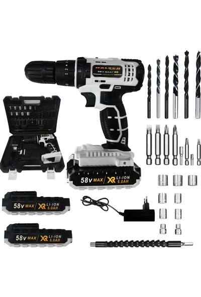 Walsch 58 V 6 Ah Darbeli Çift Akülü Metal Şanzuman Şarjlı Matkap + 27 Parça Set Walsch 58 V 6 Ah Darbeli Çift Akülü Metal Şanzuman Şarjlı Matkap + 27 Parça Set