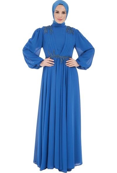 Moda Echer Dantel Işlemeli Güpür Detaylı Şifon Kumaş Tesettür Abiye Elbise
