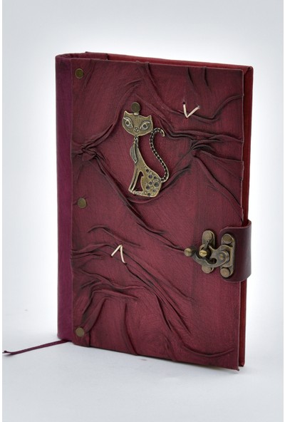 Tuldar Hakiki Deri Eski El Yapımı Hediyelik Konsept Anı Defter Ajanda Kedi Bordo