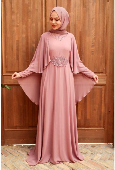 Neva Style - Pelerinli Gül Kurusu Tesettür Abiye Elbise 91501GK
