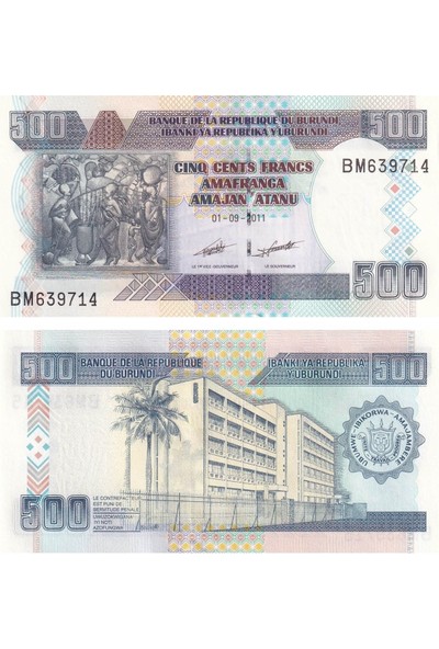 Benim Koleksiyonum Burundi, 500 Frank (2011) P#45B Çil Eski Yabancı Kağıt Para