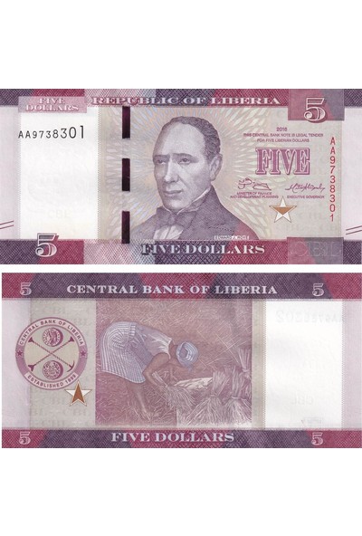 Benim Koleksiyonum Liberya, 5 Dolar (2016) P#31 Çil Eski Yabancı Kağıt Para