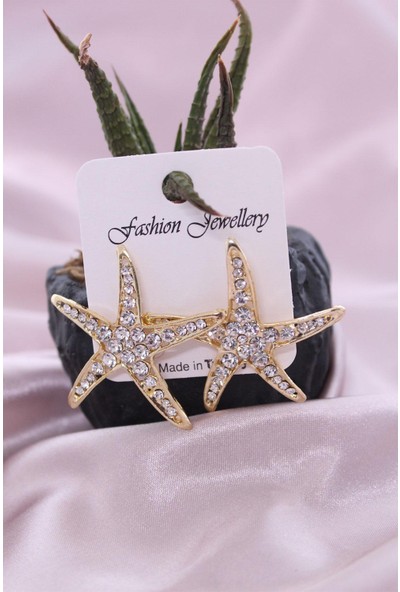 KaktüsKedi Gold Renk Zirkon Taşlı Deniz Yıldızı Model 2 Parça Küpe